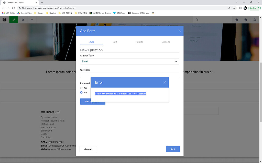 Error adding Forms on =refesh install and set-up- - Developing with Concrete - Concrete CMS